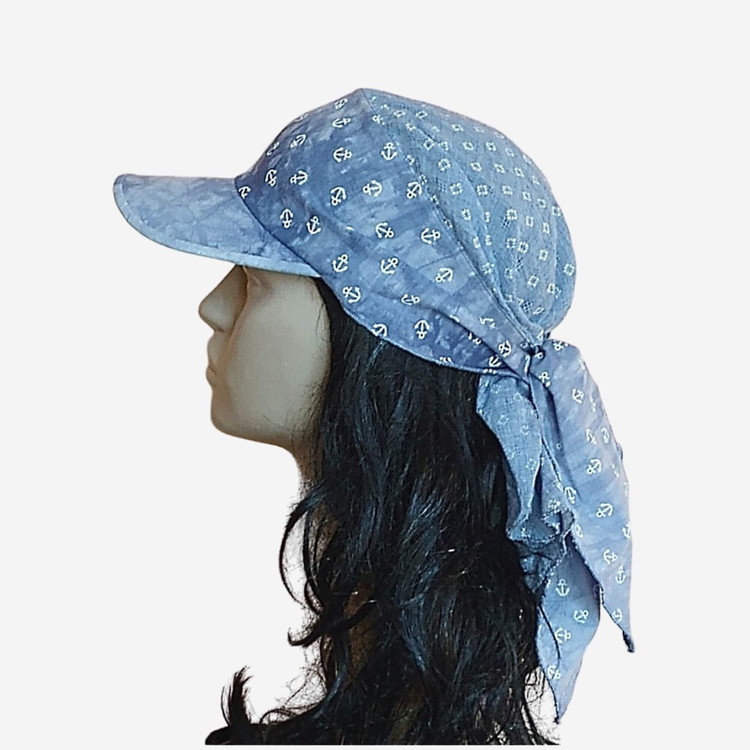 Women Summer Visor Blue Bandana Hat, Cotton Summer Head Cover, Blue ...