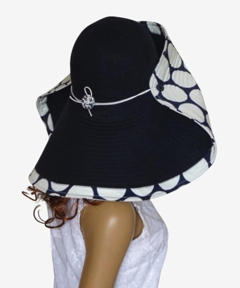 Navy Blue Wide Brim Hat, White Blue Polka Dot Hat, Women Dark Blue ...