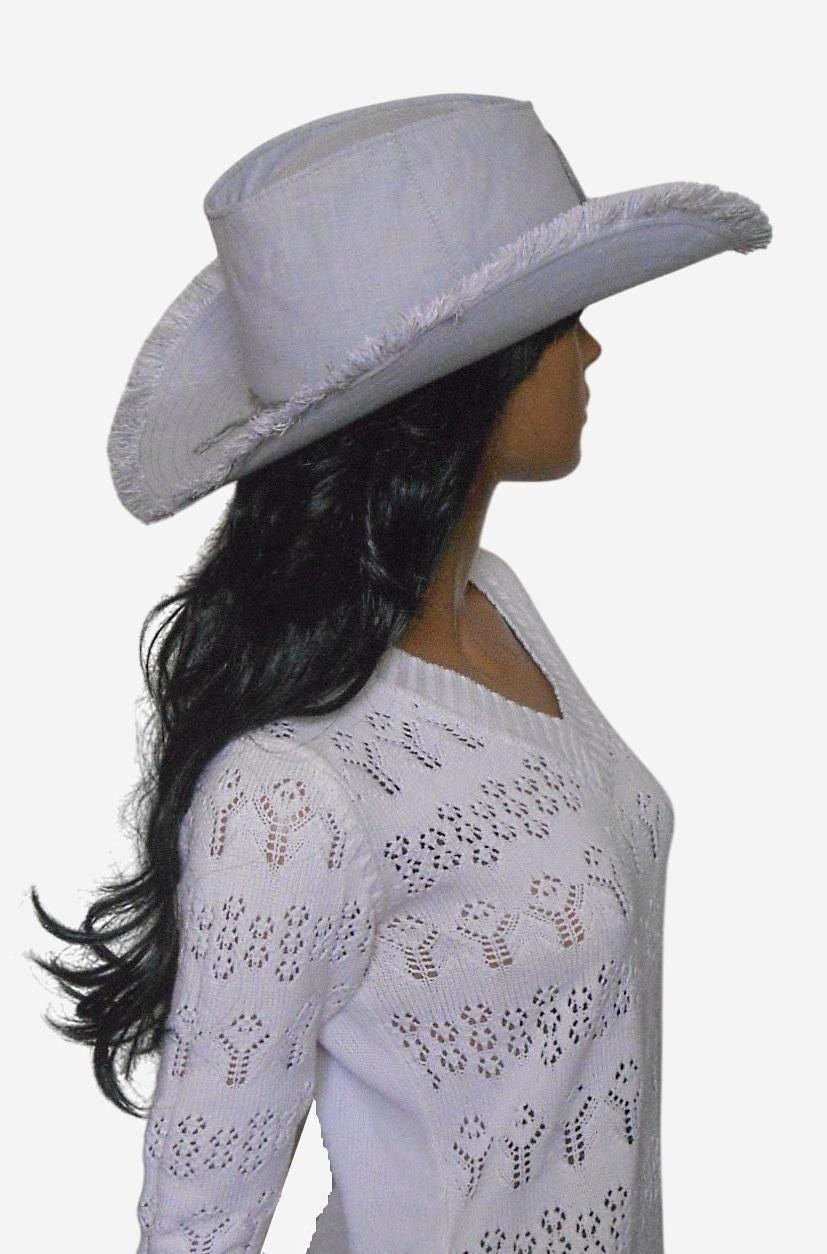 Women Gray Cowboy Hat, Summer Fringe Hat, Lightweight Linen Western ...