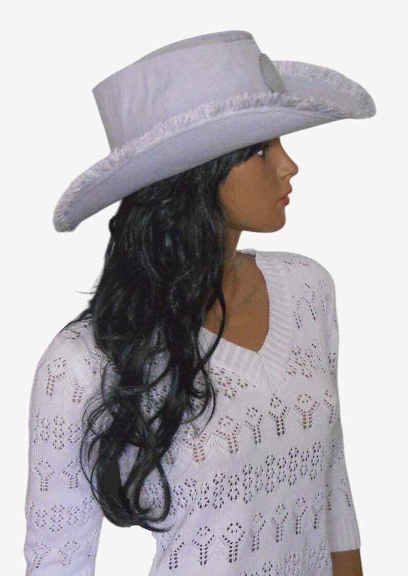 Women Gray Cowboy Hat, Summer Fringe Hat, Lightweight Linen Western ...