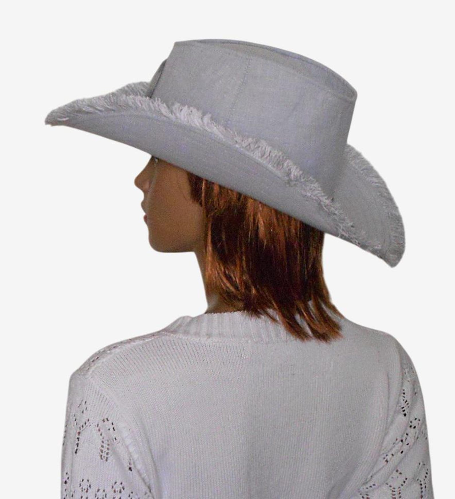 Women Gray Cowboy Hat, Summer Fringe Hat, Lightweight Linen Western ...
