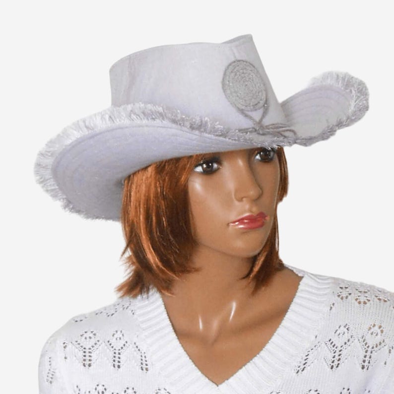 Women Gray Cowboy Hat, Summer Fringe Hat, Lightweight Linen Western ...