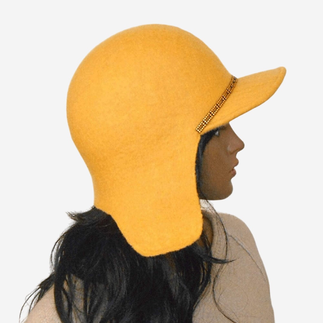 Women Felted Trapper Hat, Yellow Felt Ear Flap Hat, Wool Ushanka Hat ...