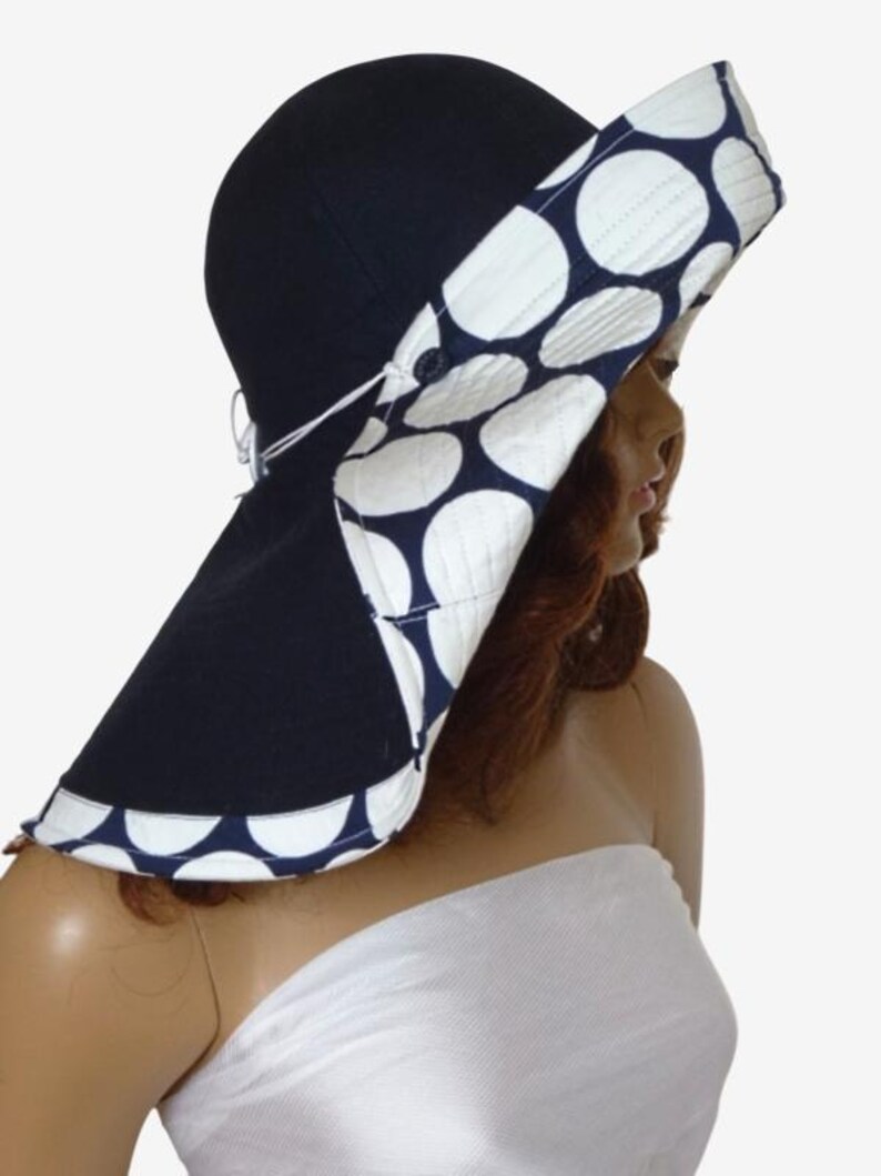 Navy Blue Wide Brim Hat, White Blue Polka Dot Hat, Women Dark Blue ...