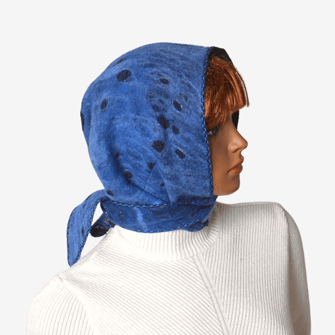 Winter Head Scarf, Blue Wool Triangle Scarf, Navy Blue Winter Hat ...