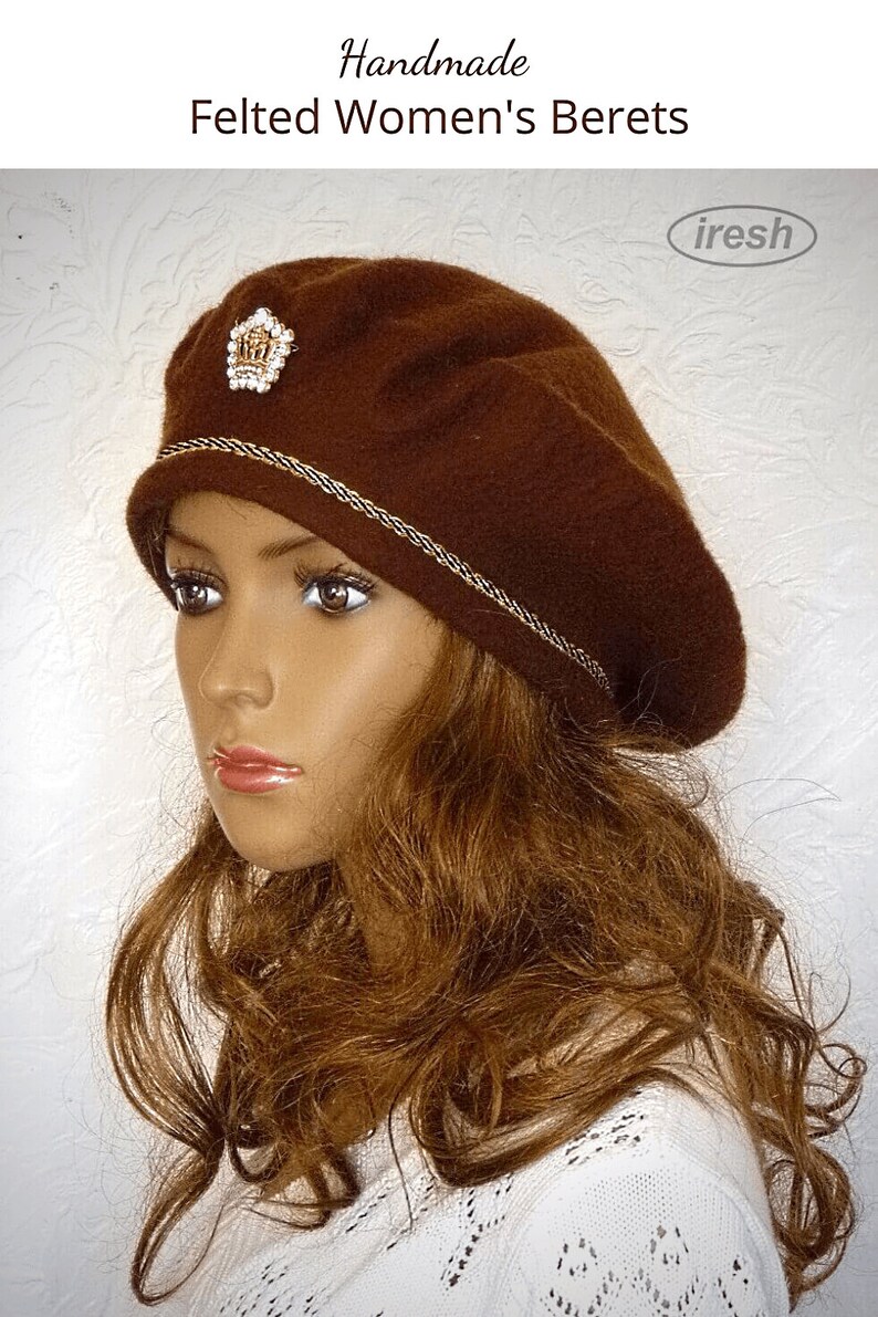 Brown beret Wool beret for women Felted Warm beret Dark | Etsy