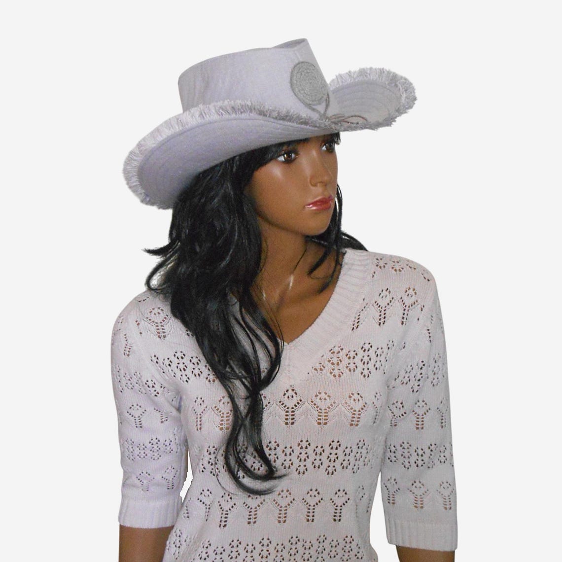 Women Gray Cowboy Hat, Summer Fringe Hat, Lightweight Linen Western ...