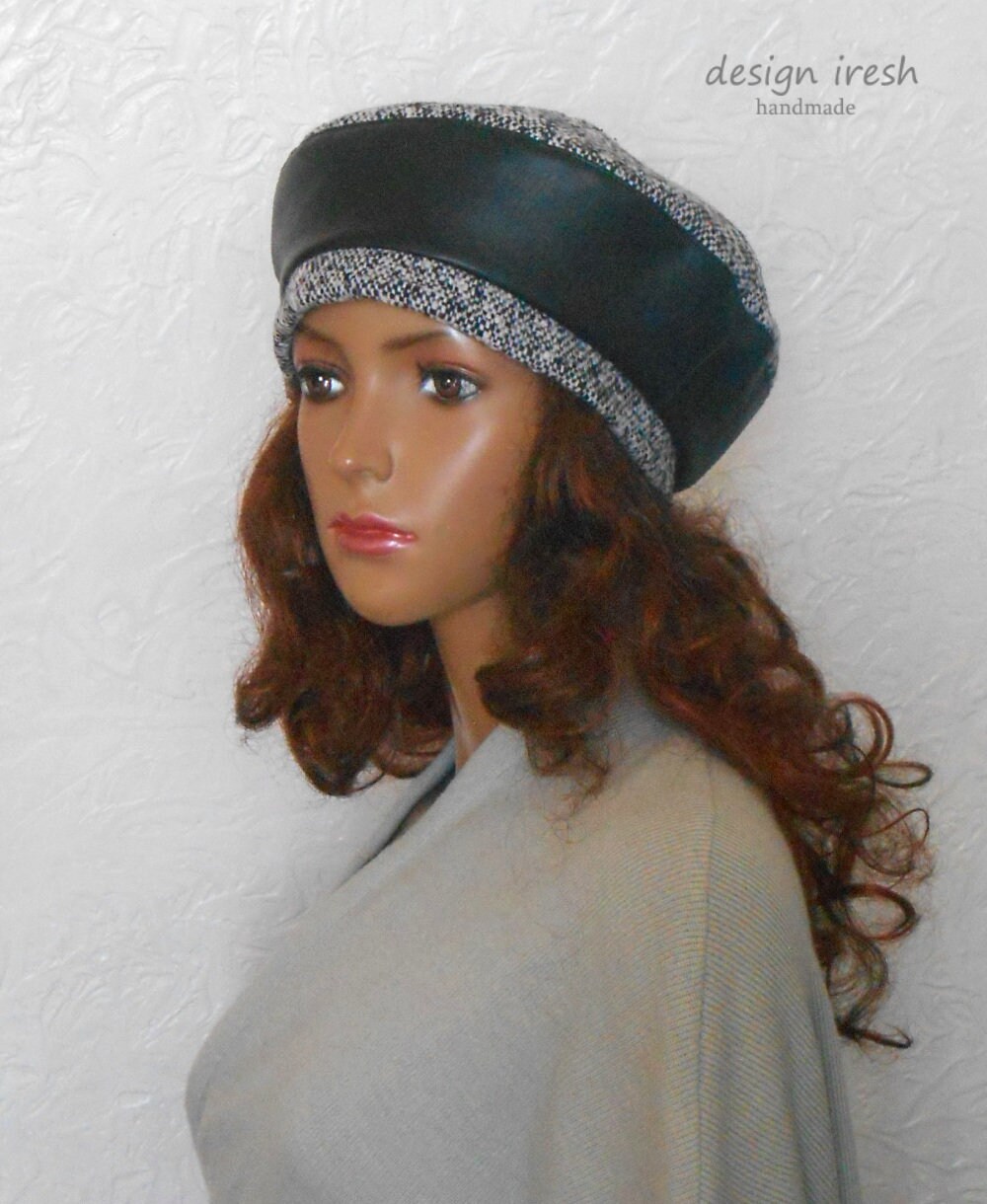 Women's Winter Beret Black Leather Beret Tweed Clothes - Etsy