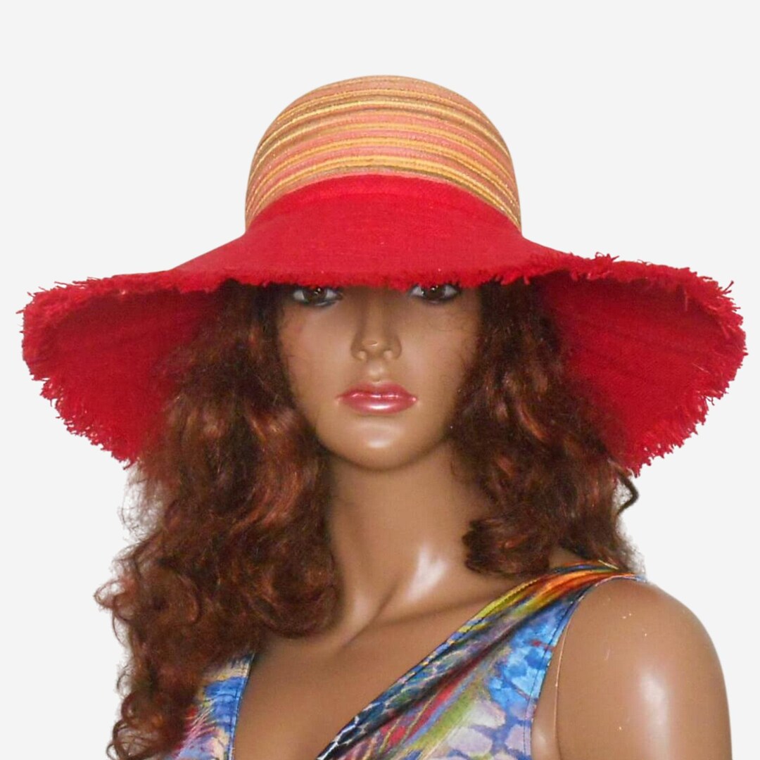 Red Linen Wide Brim Beach Fringe Hat, Women Summer Sun Hat, Bright ...