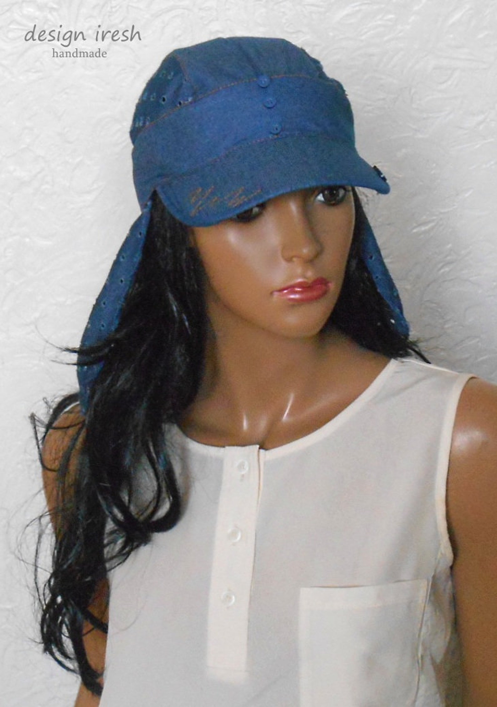 Summer Cap Womens Denim Hat Blue Bandana With Visor Sun - Etsy