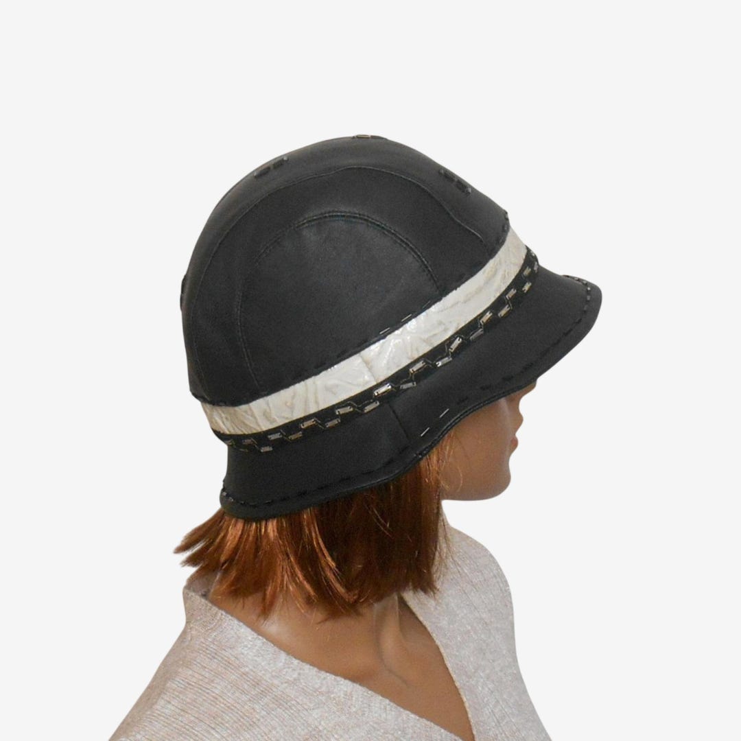 Black Leather Hat for Women, Small Brim Winter Hat With Light Gray Trim ...
