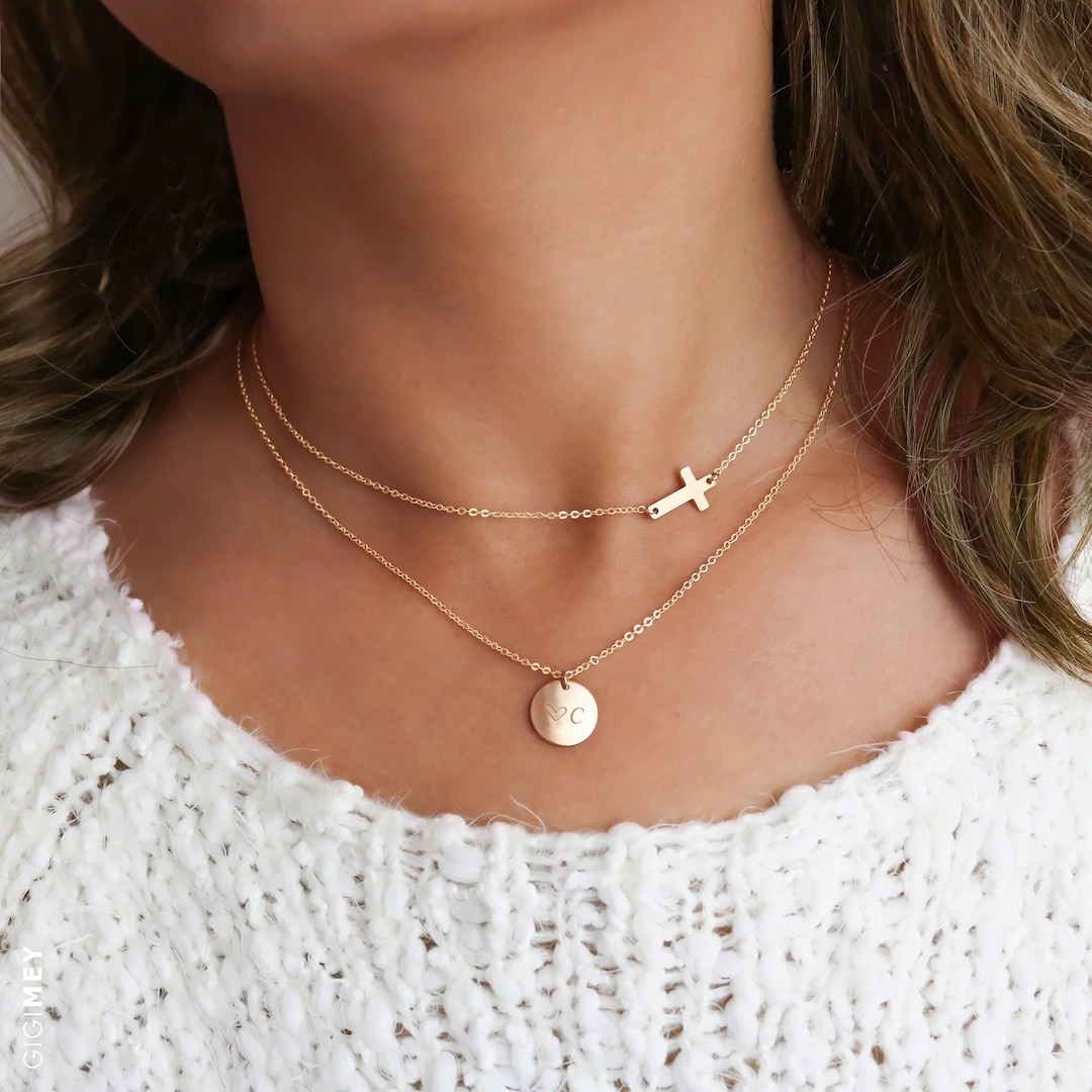 Layering Necklace Set With Initial Circle and Cross Charm, Delicate ...