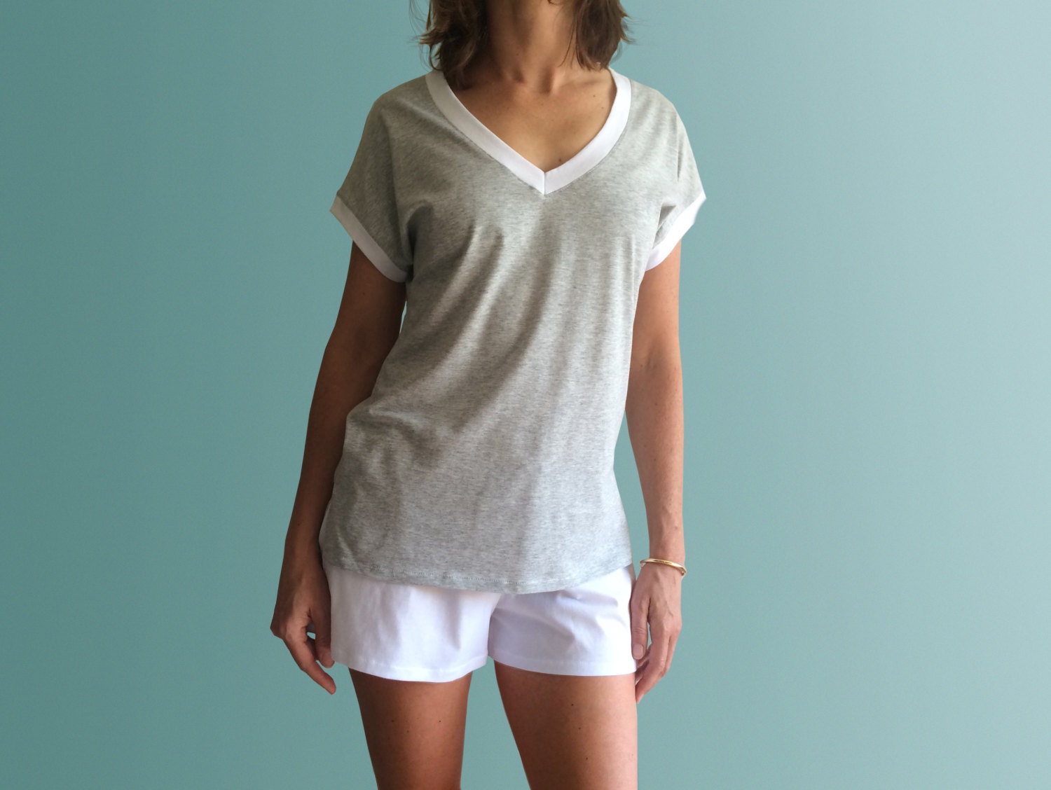 Ibiza Organic Cotton PJ Set - Light Grey With White Trim and White ...