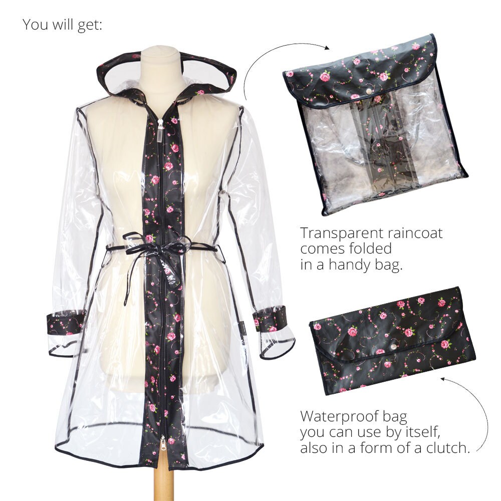 A Transparent Raincoat in a Bag Black Border With Pink Roses | Etsy