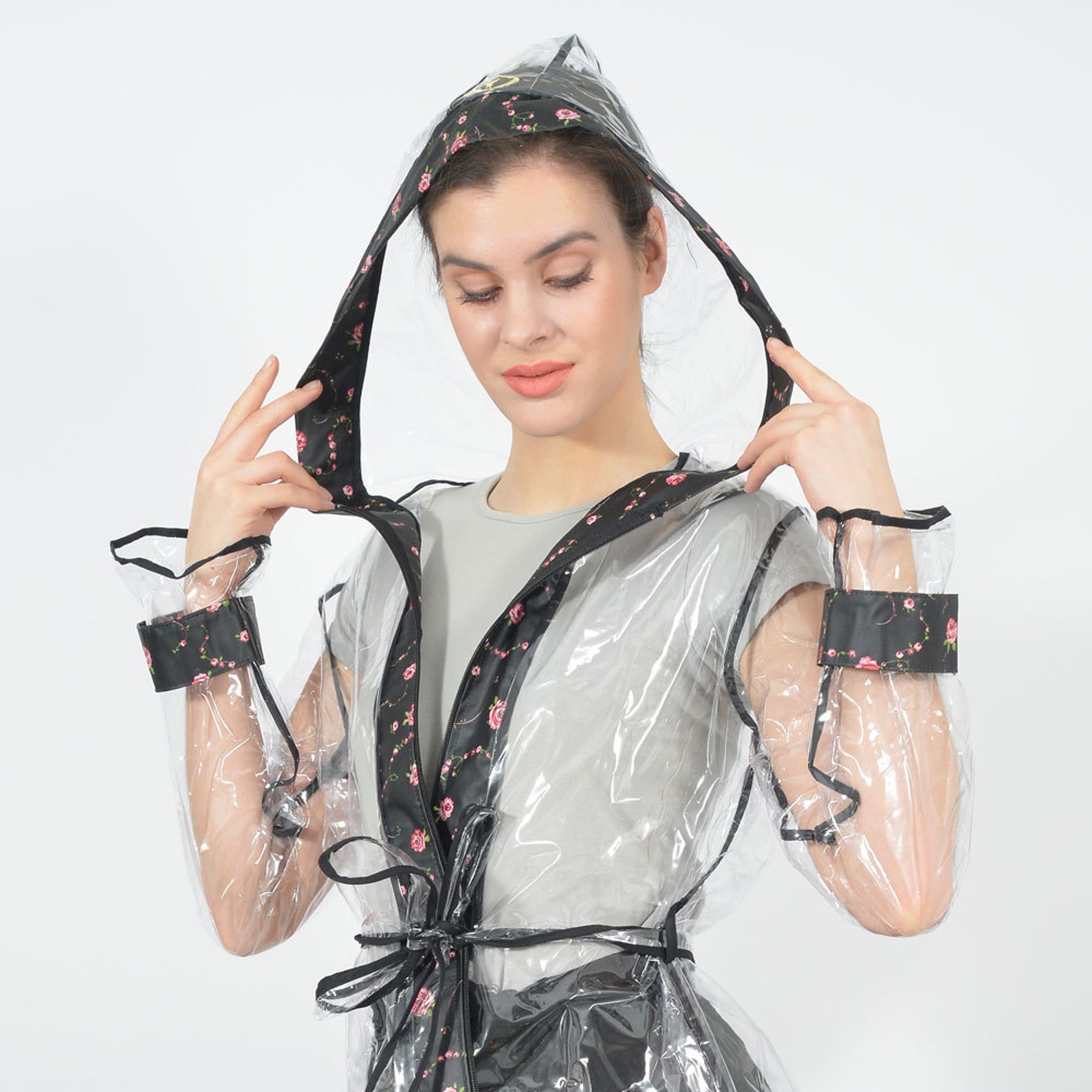 A Transparent Raincoat Black Border With Pink Roses - Etsy