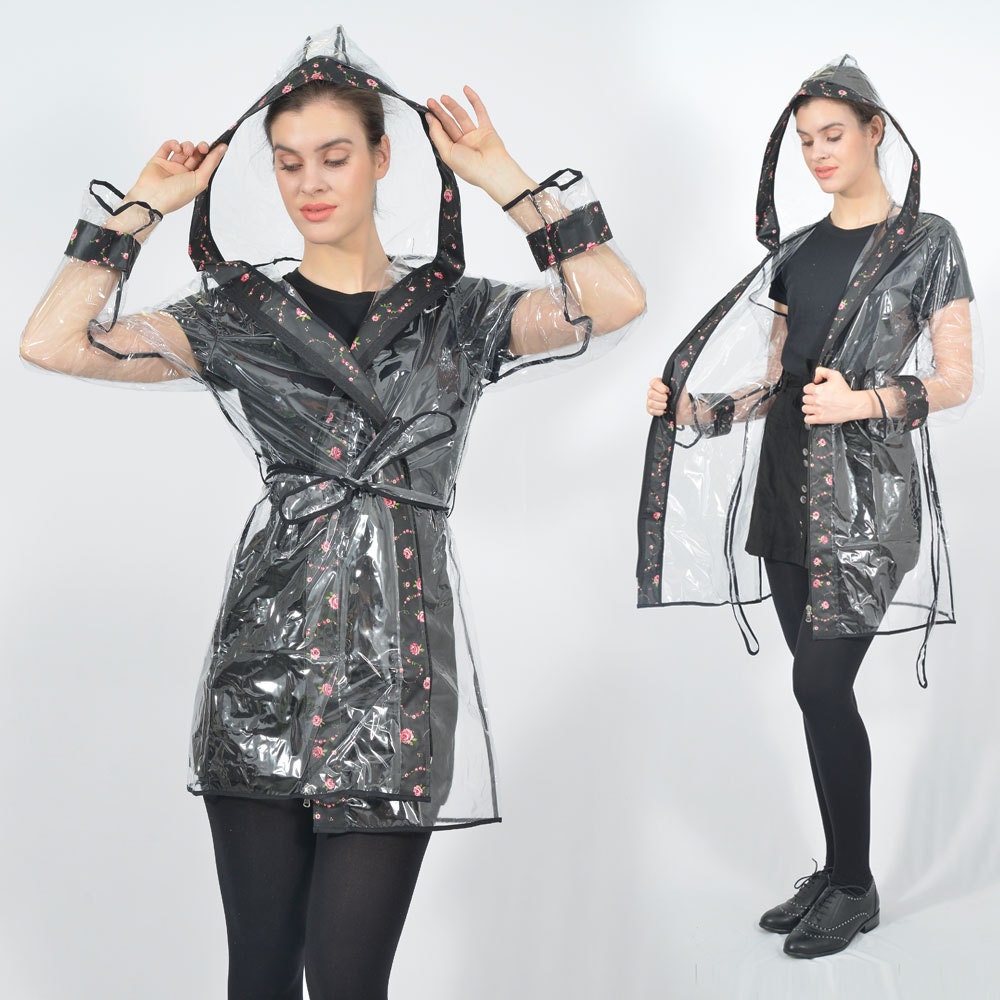 A Transparent Raincoat Black Border With Pink Roses - Etsy
