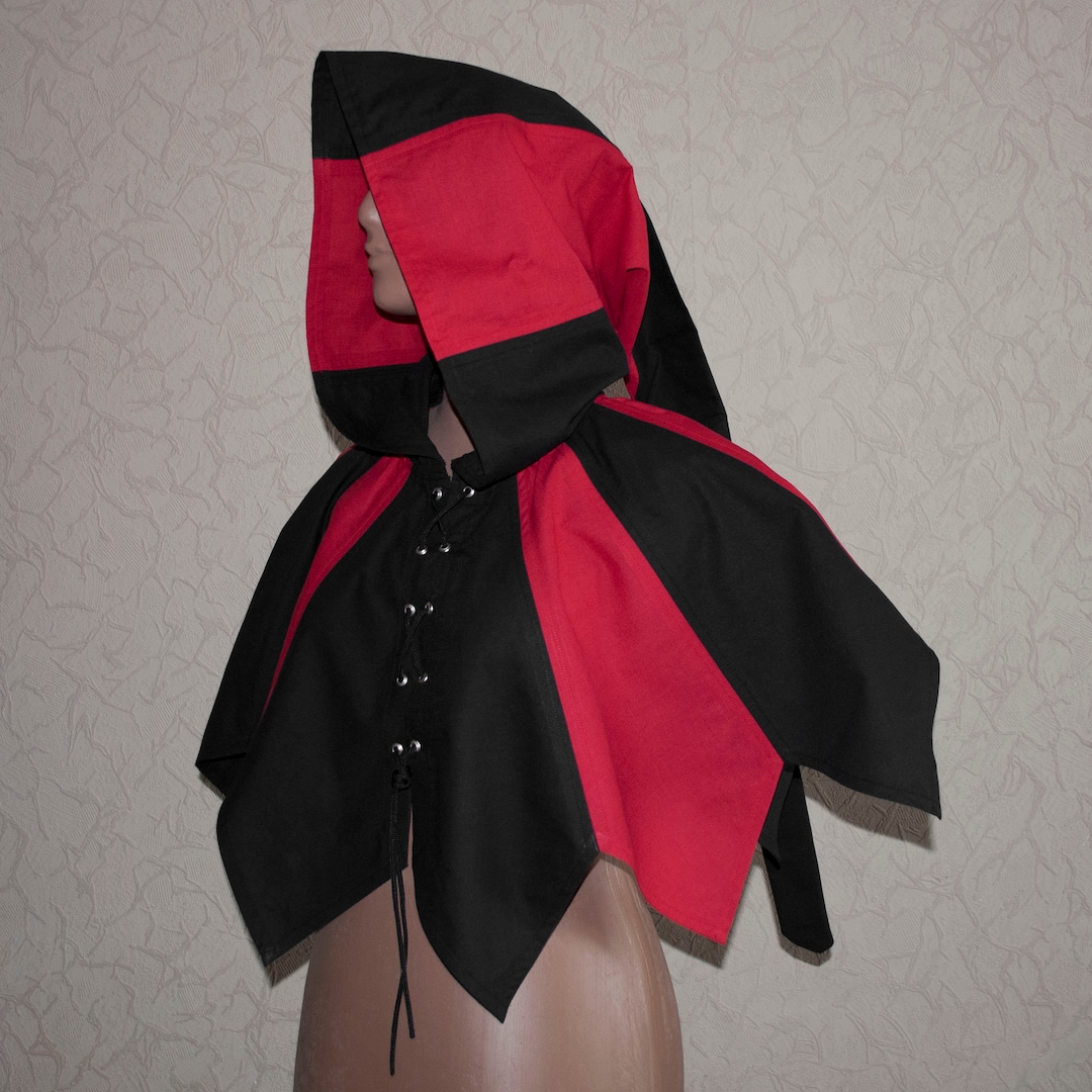 Medieval Chaperon Black and Red Cotton Renfaire Cape LARP or SCA ...