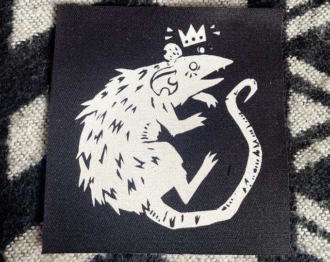Rat King - Black and White Screen Printed 11x11cm Patch - Punk, Rat, Folklore, King, Crown, Rats ...
