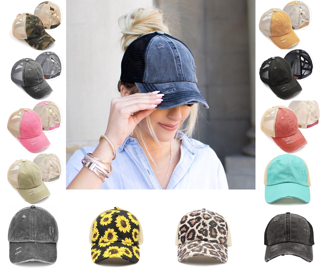 Distressed Ponytail Ball Caps | 10 Colors | Ponytail Baseball Hats ...