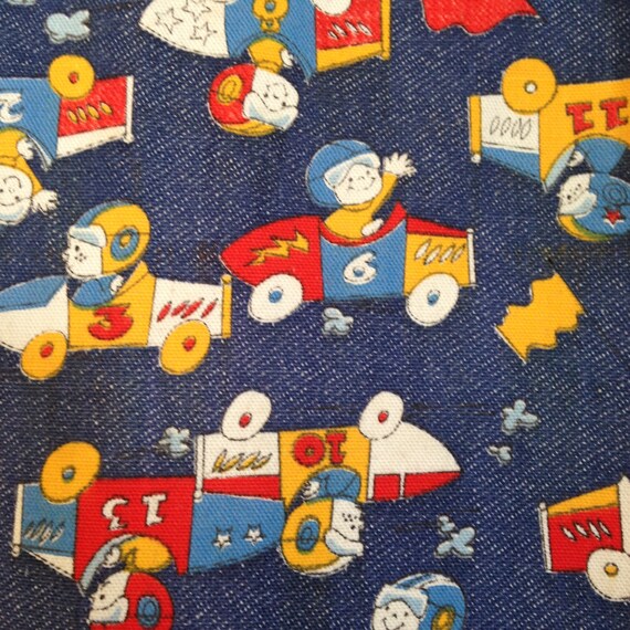 1970s large handmade cartoon race car print denim ski… - Gem