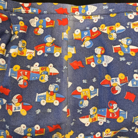 1970s large handmade cartoon race car print denim ski… - Gem