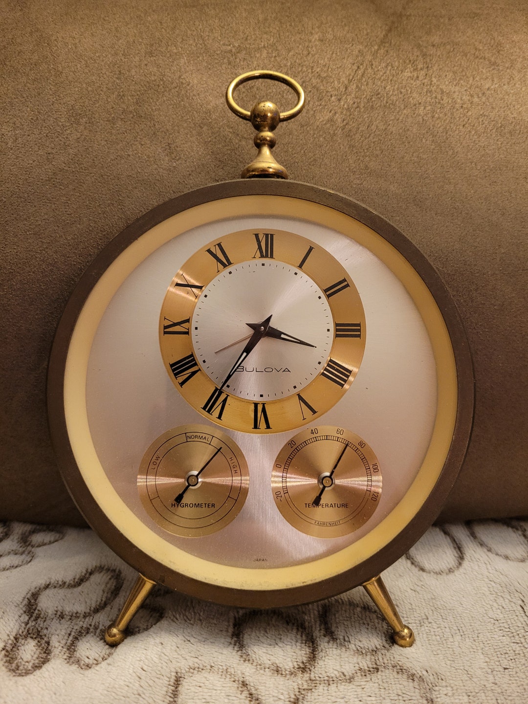 Bulova Weather Station Alarm Clock • Brass Windup Temperature ...