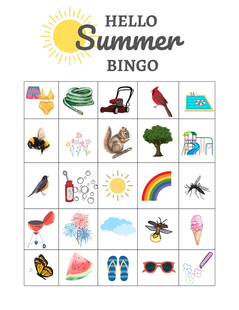Summer Bingo Activity Printable Game Bingo Kids Summer Fun Bingo Game ...