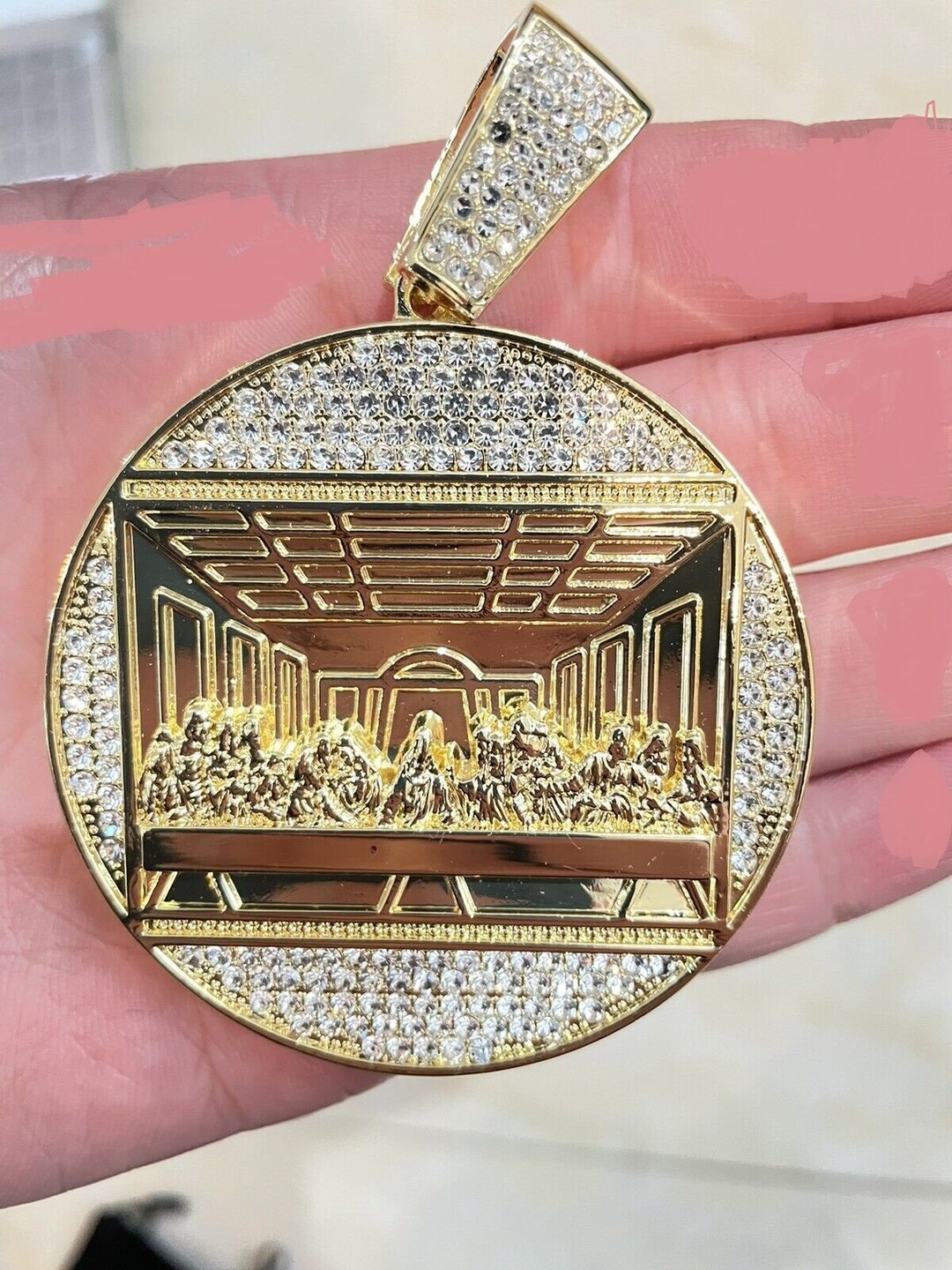Large Gold Plated Last Supper Pendant Jesus Cubic Zirconia Iced Hip Hop ...