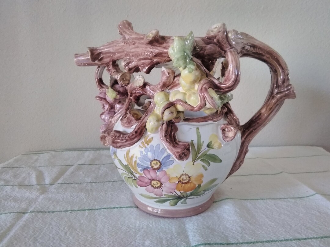 Vintage Pierced Pottery Vase, Grape Vine Handle, Italian Faience Puzzle ...