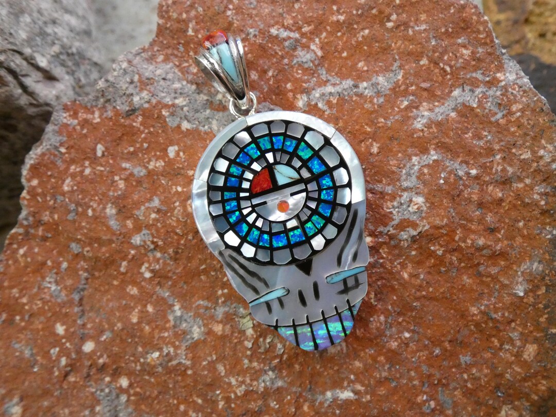 Grateful Dead Skull With Zuni Sun God Face Design Multi Gemstone Fire ...