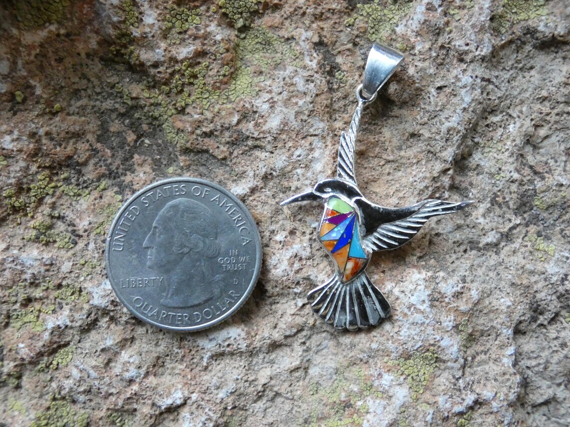 Hummingbird in Flight Multi Color Gemstone & Opal Inlay Sterling Silver ...