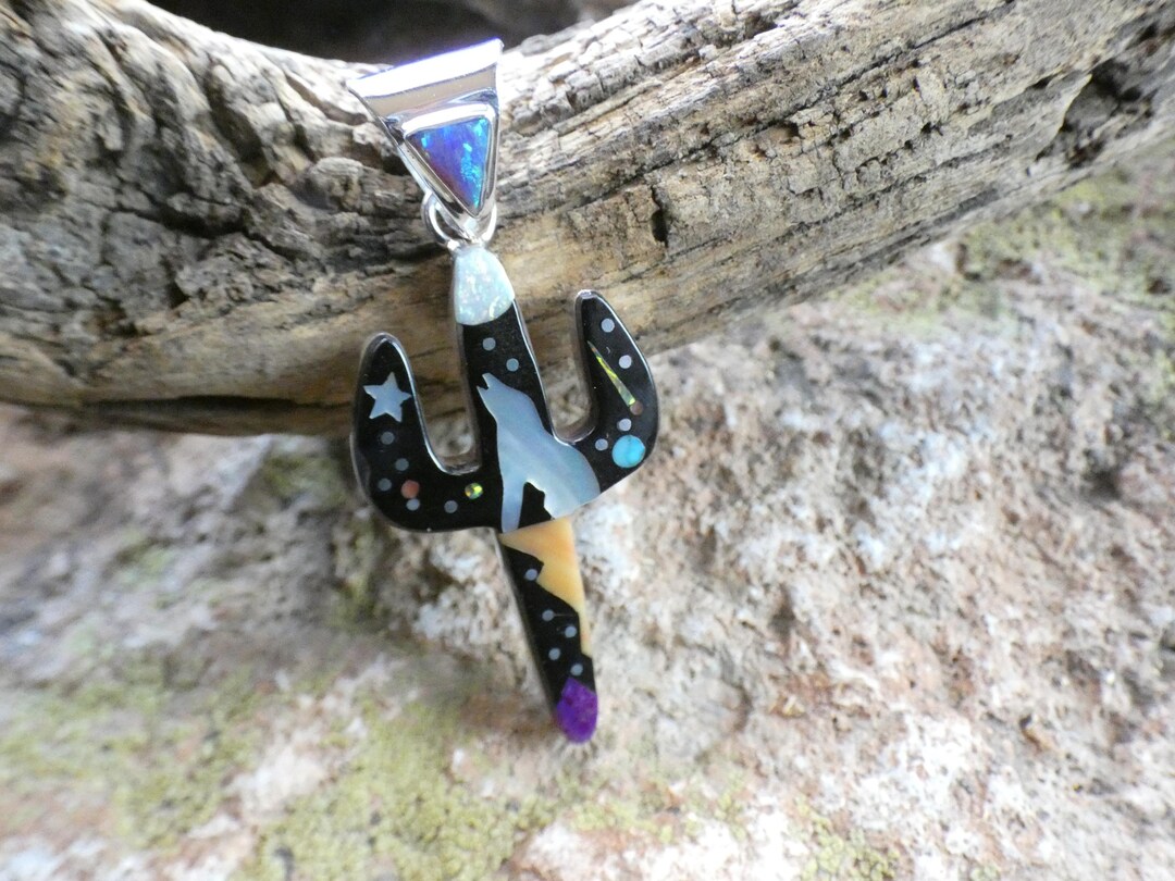Howling Wolf Saguaro Micro Inlay Pendant Galaxy Night Sky Planets Stars ...