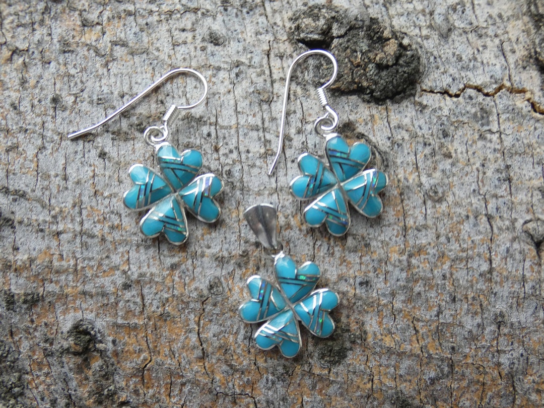 3 PC Set Love Luck Four Leaf Clover Blue Turquoise Gemstone & Opal ...