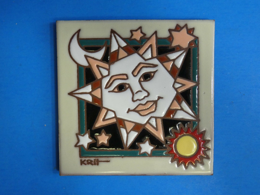 Ceramic Art Tile 6"x6" Vibrant Sun Crescent Moon Stars Unique Indoor or ...
