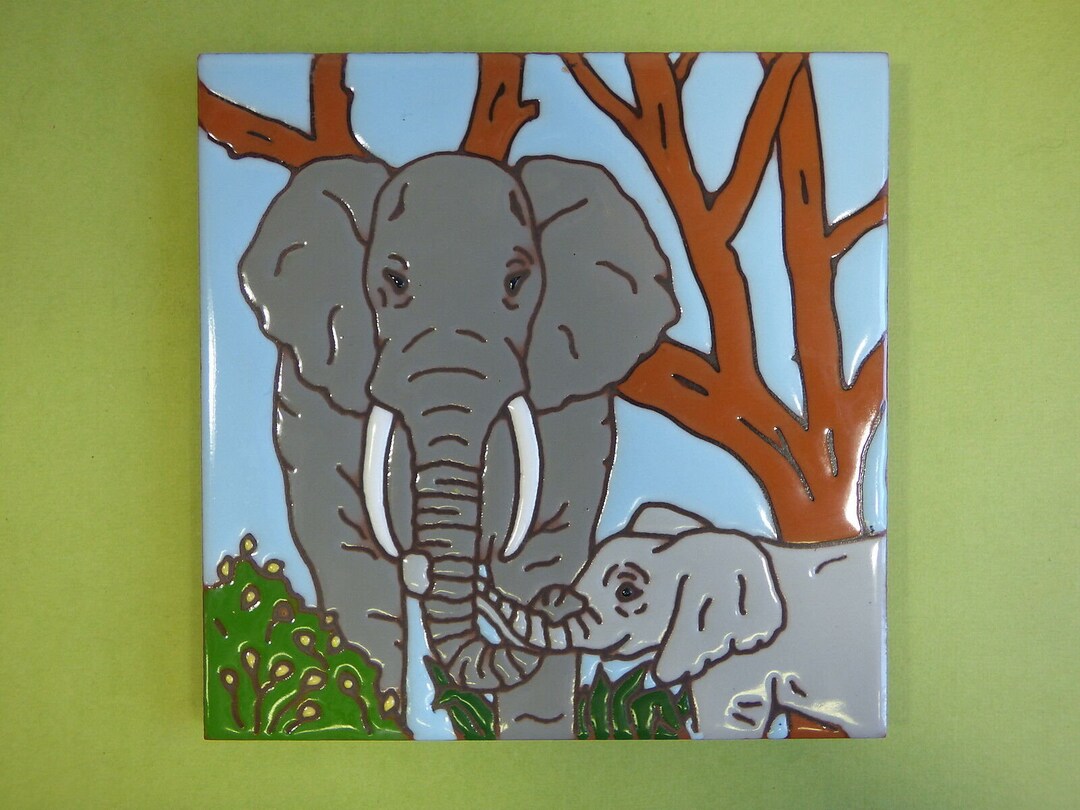 Ceramic Art Tile 6"x6" Elephant With Baby Mothers Love Wildlife ...