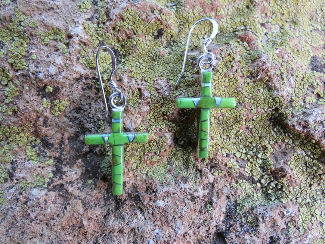 Beautiful Green Gaspeite With Opal Southwestern Cross Earrings ...