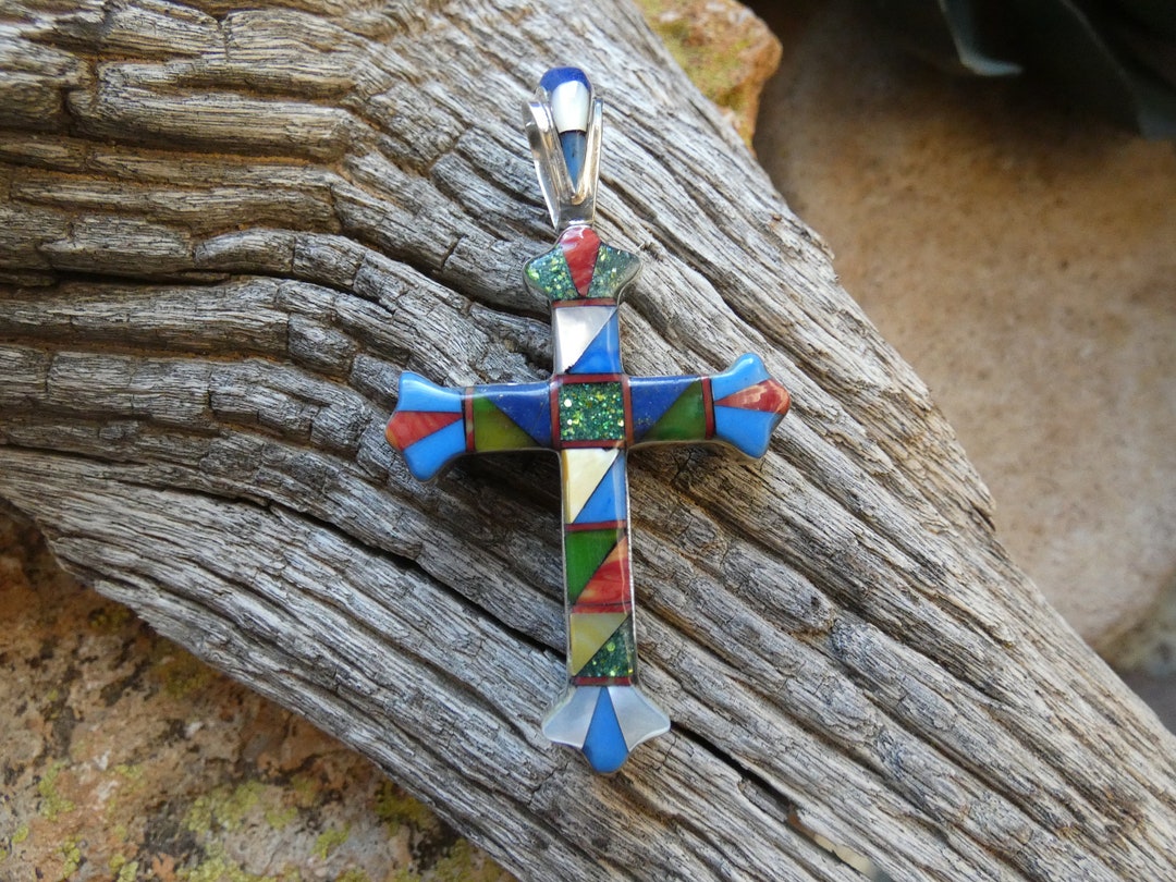 Double Sided Two Looks One Pendant Inlayed Beautiful Cross Unisex Multi ...
