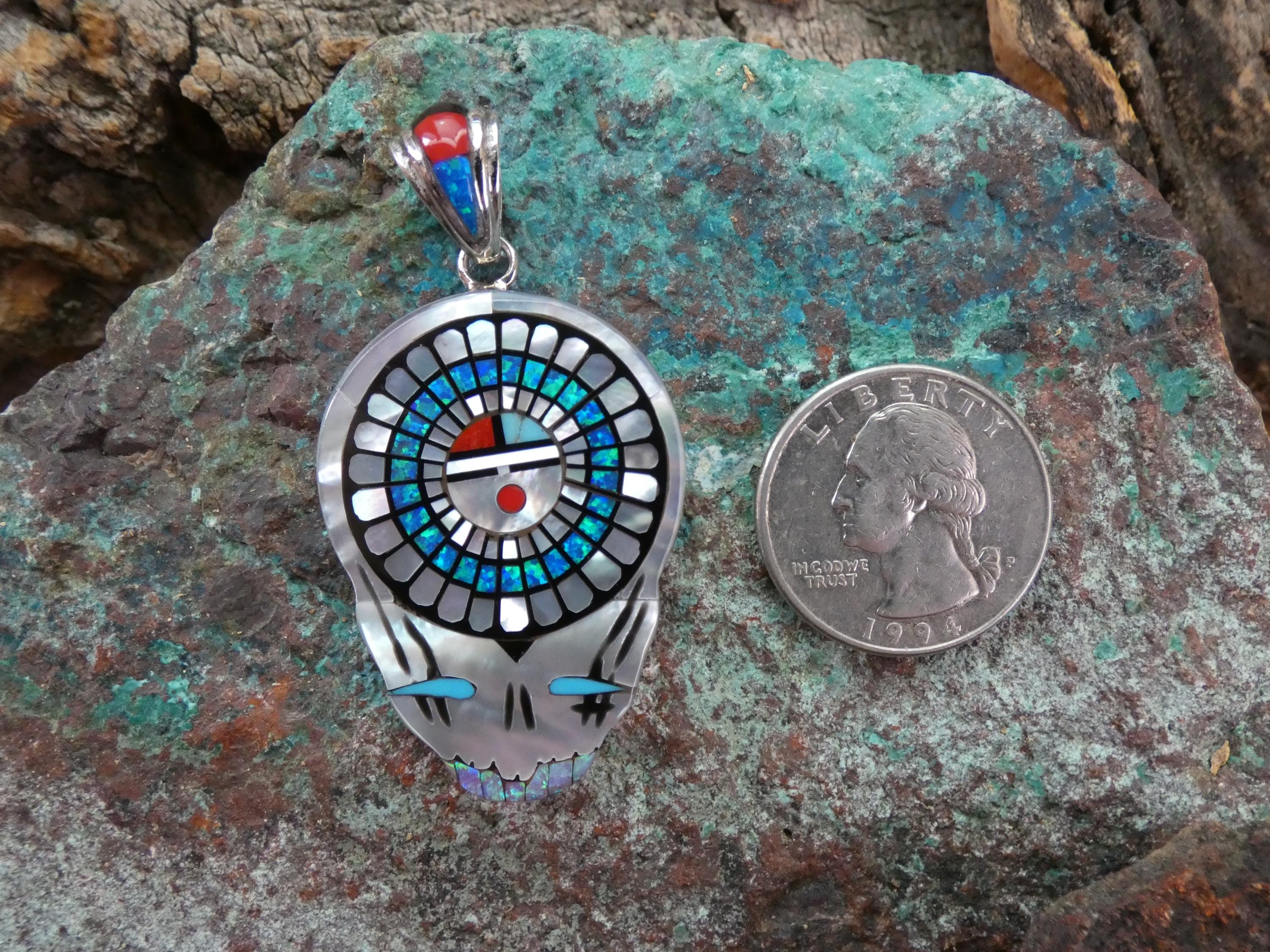 Southwestern Grateful Dead Skull With Zuni Sun God Multi Gemstone Fire ...