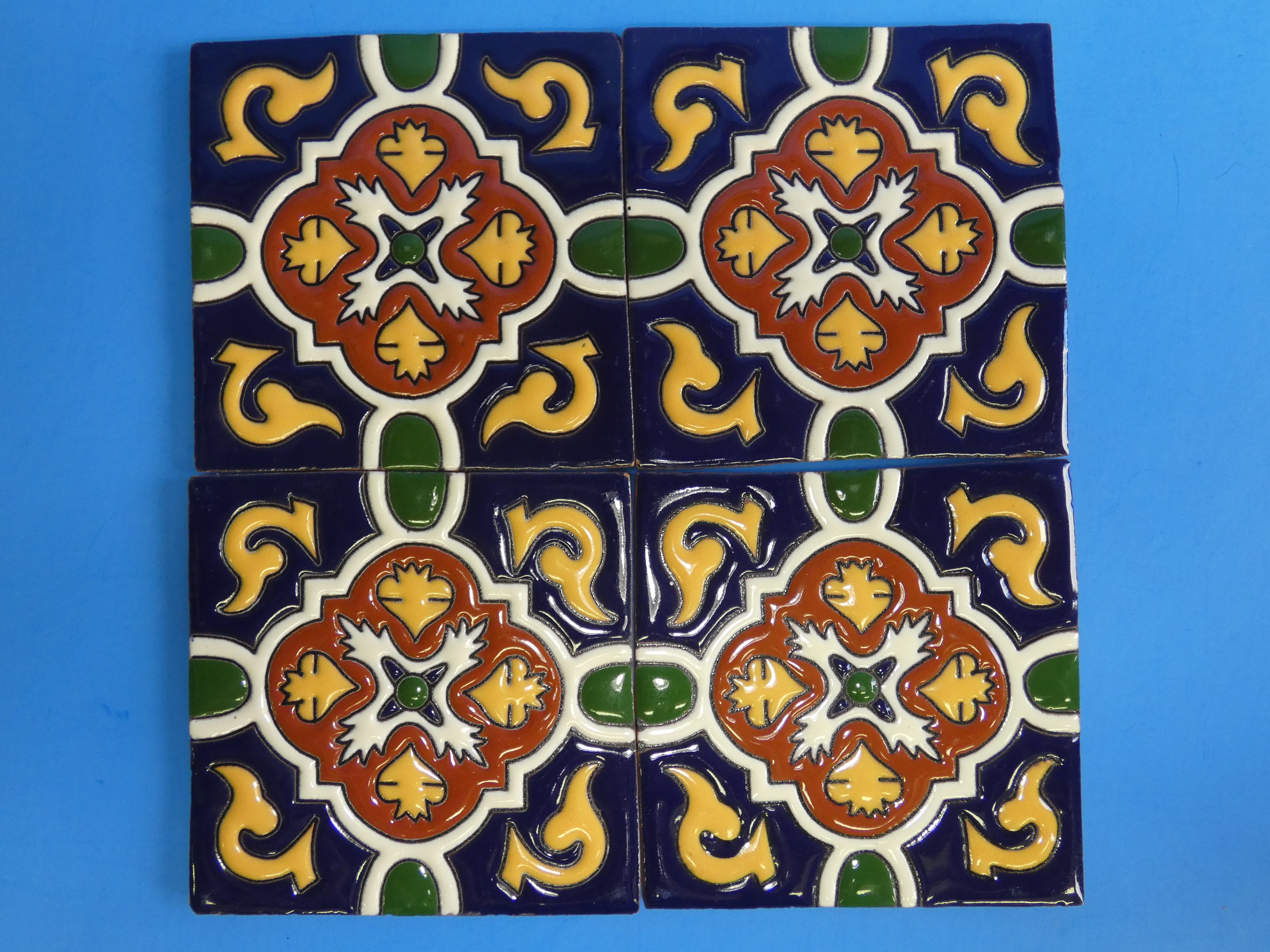 Vibrant Colorful Blue Yellow Rust Raised Relief Mexican Tile - Etsy
