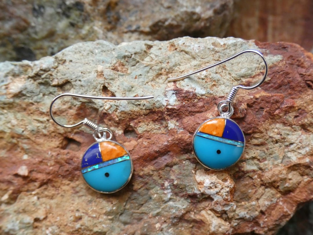 Zuni Sun God Southwestern Handcrafted Round Drop Earrings Sterling ...