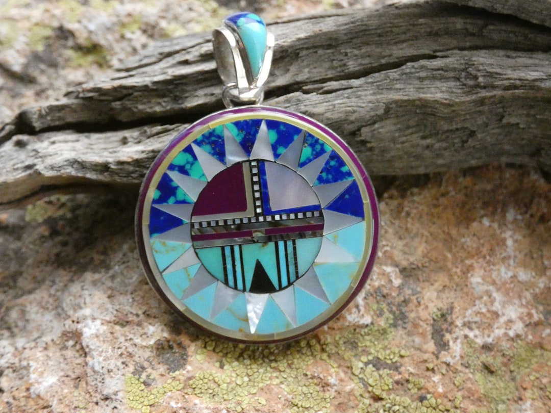 Beautiful Blues & Purple Unique Zuni Sun God Handcrafted Micro Inlay ...
