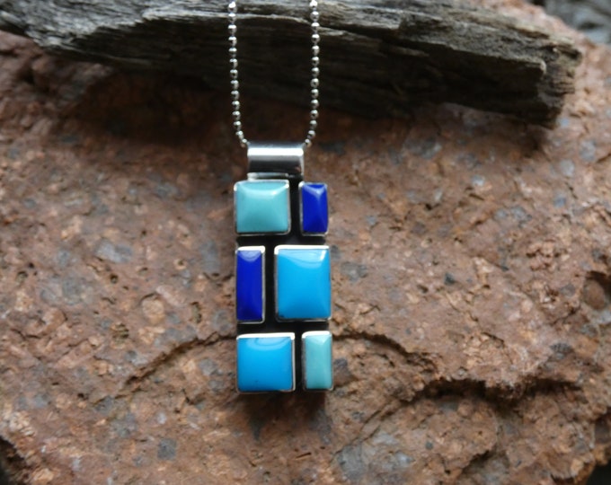 Nice Mosaic Turquoise Lapis Gemstone Pendant Handmade in USA Sterling ...