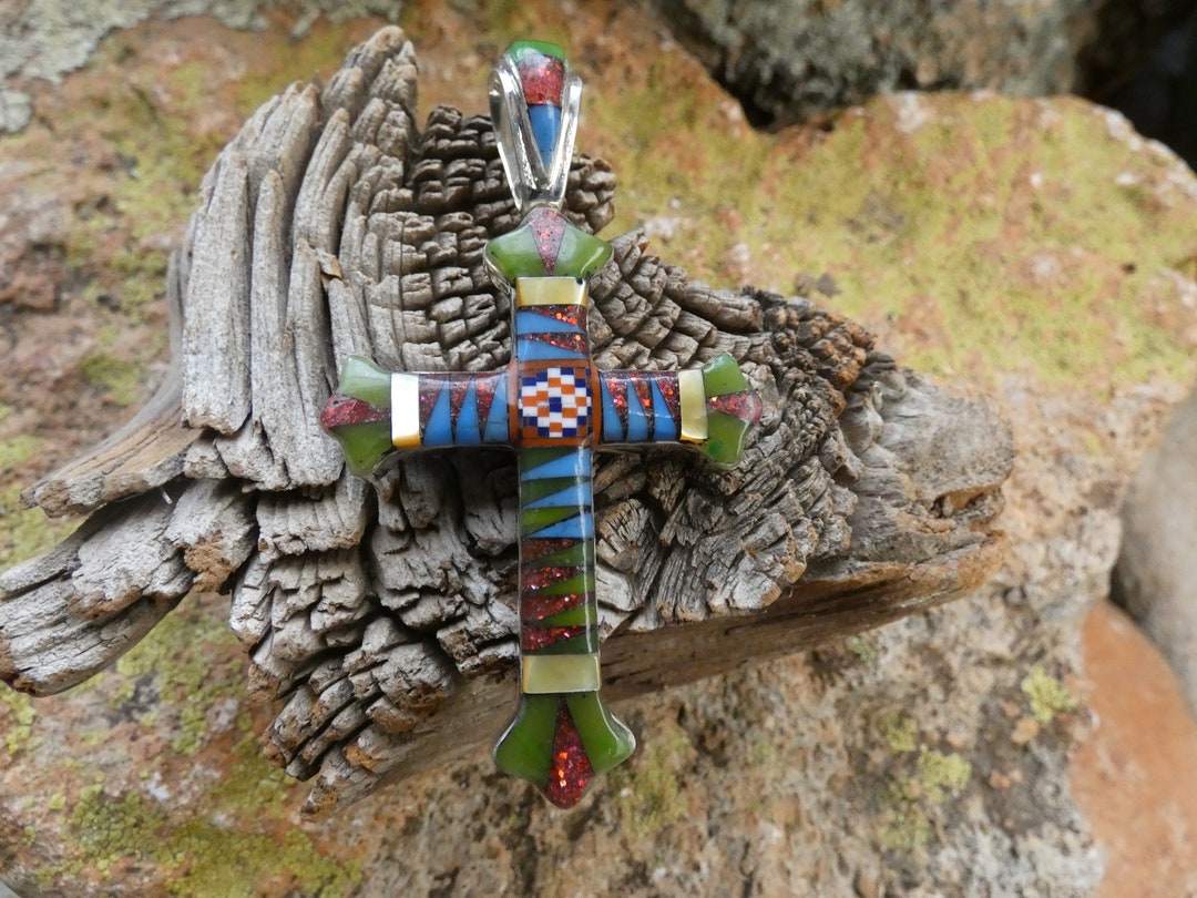 Micro Inlayed Handmade Cross Double Sided Pendant Unisex Vibrant Multi ...