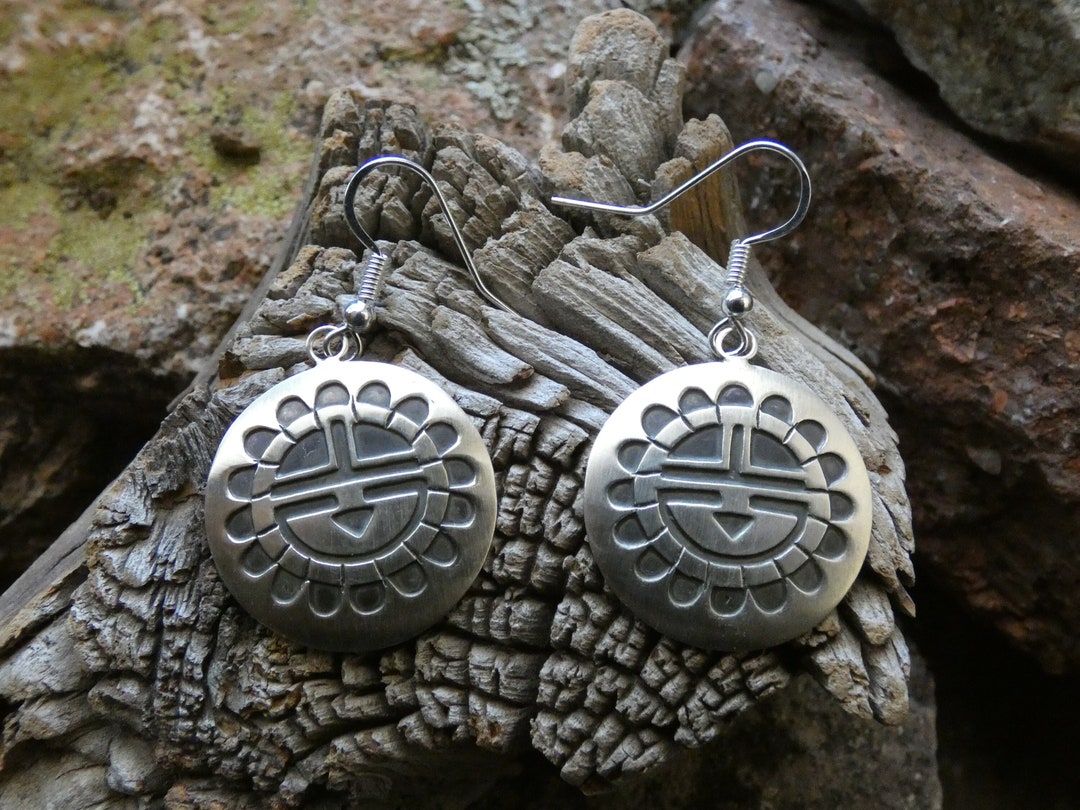 Zuni Sunface Oxidized Sterling Silver 925 French Wire Earrings Native ...