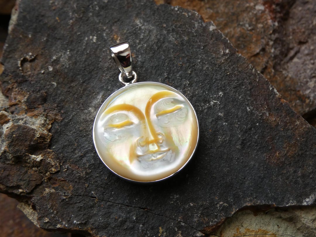 Beautiful Moon Face Full Moon Carved Mother of Pearl Sterling Silver ...