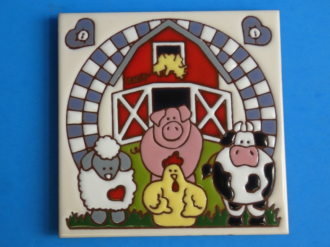 Ceramic Art Tile 6x6 Country Life Red Barn Hearts Farm Family Pig ...
