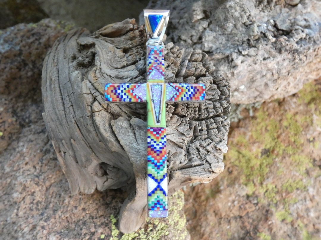 Micro Inlayed Cross Pendant Handcrafted Stunning Vibrant Multi Gemstone ...