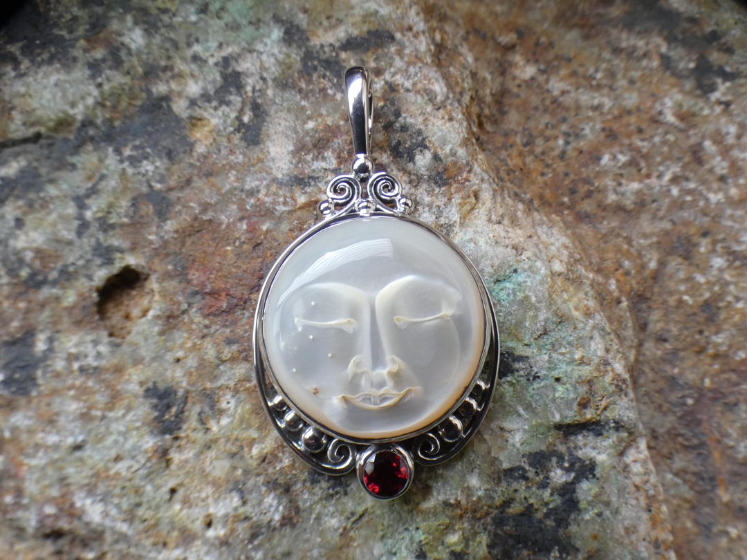Beautiful Moon Face Full Moon Carved Mother of Pearl Sterling Silver ...