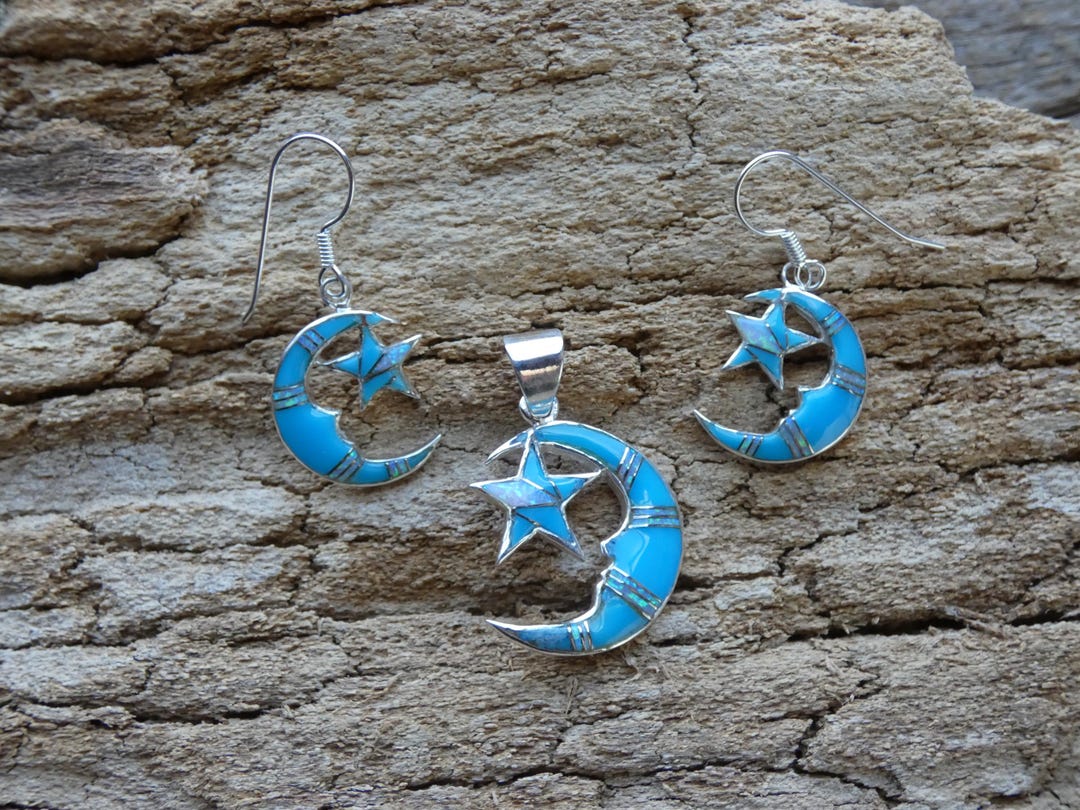 3 Pc Set Crescent Moon and Star Turquoise and Opal Gemstone Handcrafted ...