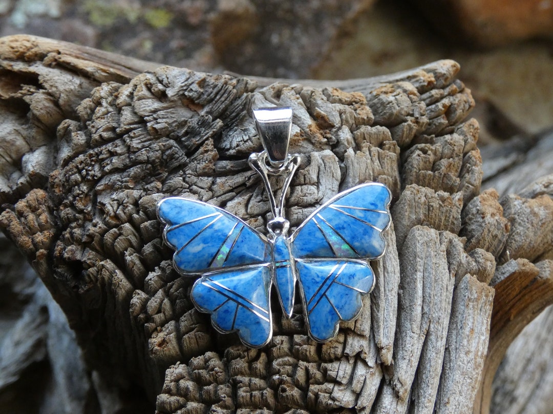 Butterfly Southwestern Sterling Silver Pendant Denim Blue Lapis & Opal ...